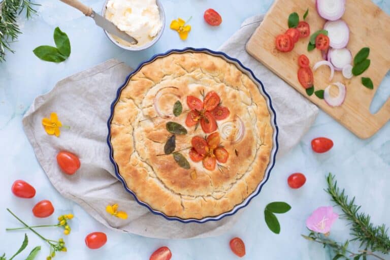 Homemade Focaccia with Cherry Tomatoes and Onion - Stretch and Folds